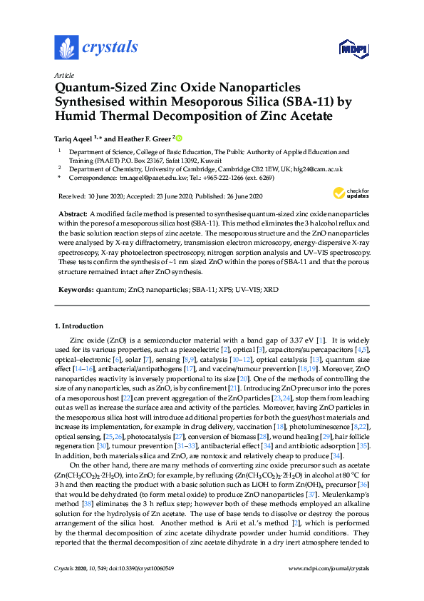 (PDF) Quantum-Sized Zinc Oxide Nanoparticles Synthesised within Mesoporous Silica (SBA-11) by ...