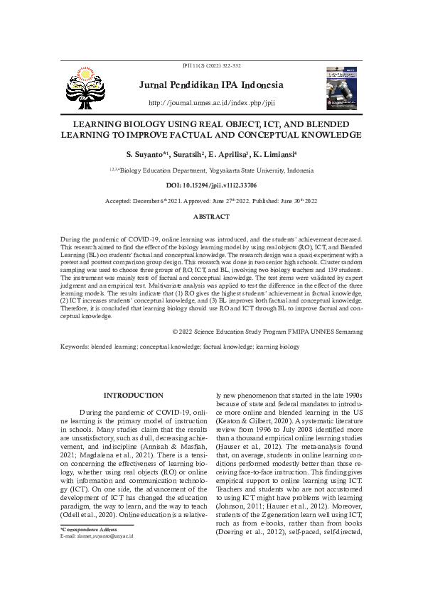 (PDF) Learning Biology Using Real Object, ICT, and Blended Learning to Improve Factual and ...