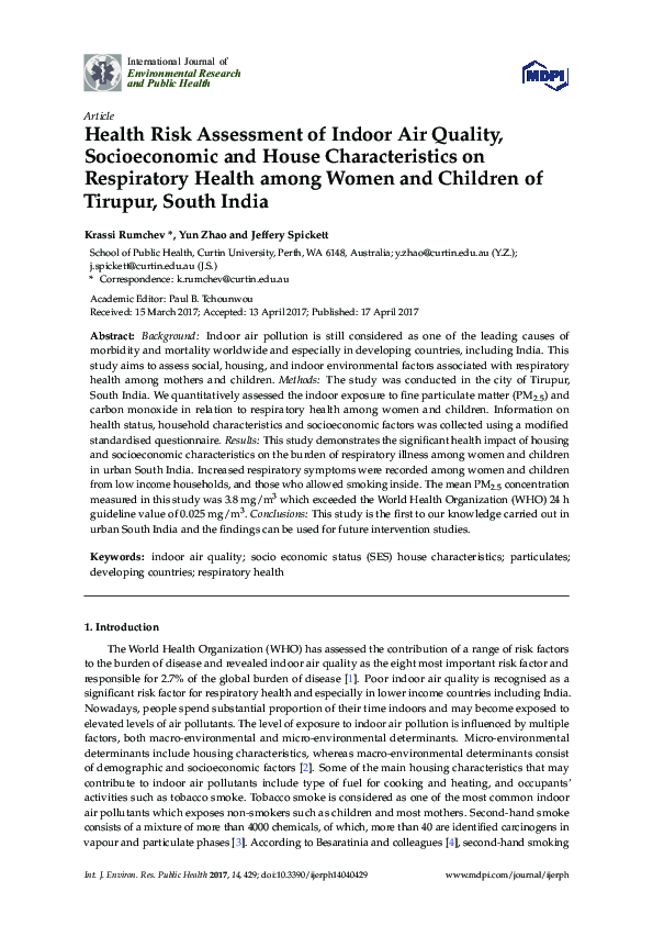 (PDF) Health Risk Assessment of Indoor Air Quality, Socioeconomic and ...