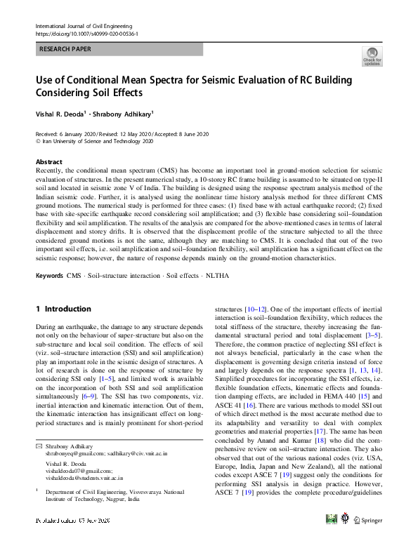 (PDF) Use of Conditional Mean Spectra for Seismic Evaluation of RC Building Considering Soil Effects