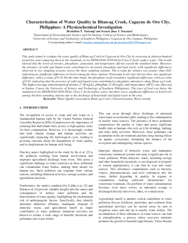 (PDF) Characterization of Water Quality in Bitan-ag Creek, Cagayan de ...