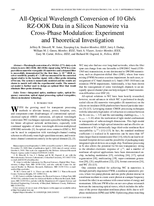 (PDF) All-Optical Wavelength Conversion of 10 Gb/s RZ-OOK Data in a Silicon Nanowire via Cross ...