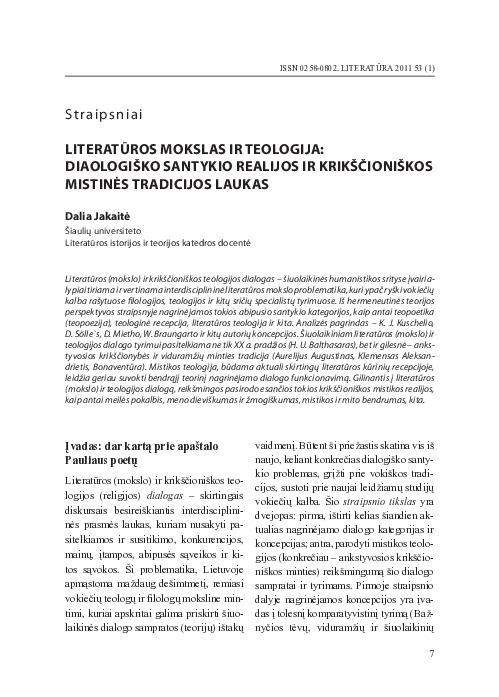 (PDF) Literatūros mokslas ir teologija: dialogiško santykio realijos ir ...