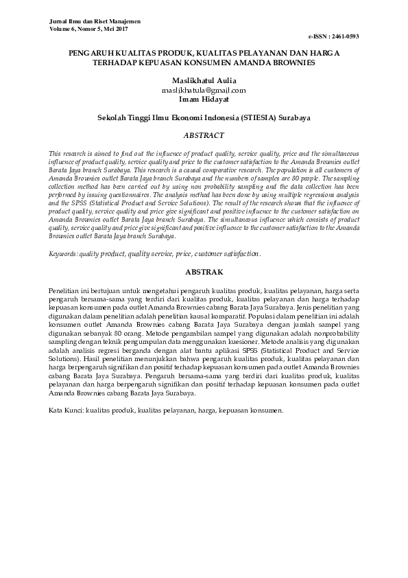 (PDF) Pengaruh kualitas produk, kualitas pelayanan dan persepsi harga terhadap kepuasan konsumen