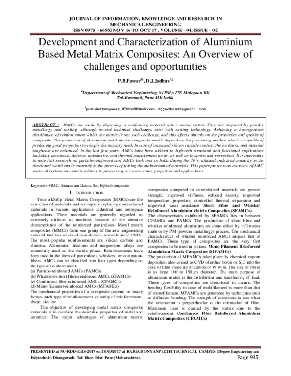 Pdf Development And Characterization Of Aluminium Based Metal Matrix Composites An Overview