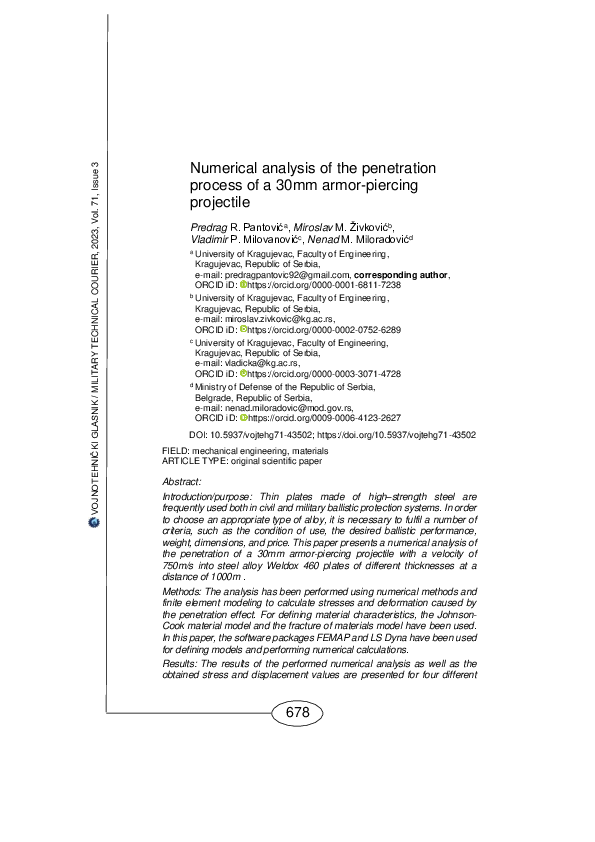 Pdf Numerical Analysis Of The Penetration Process Of A 30mm Armor Piercing Projectile