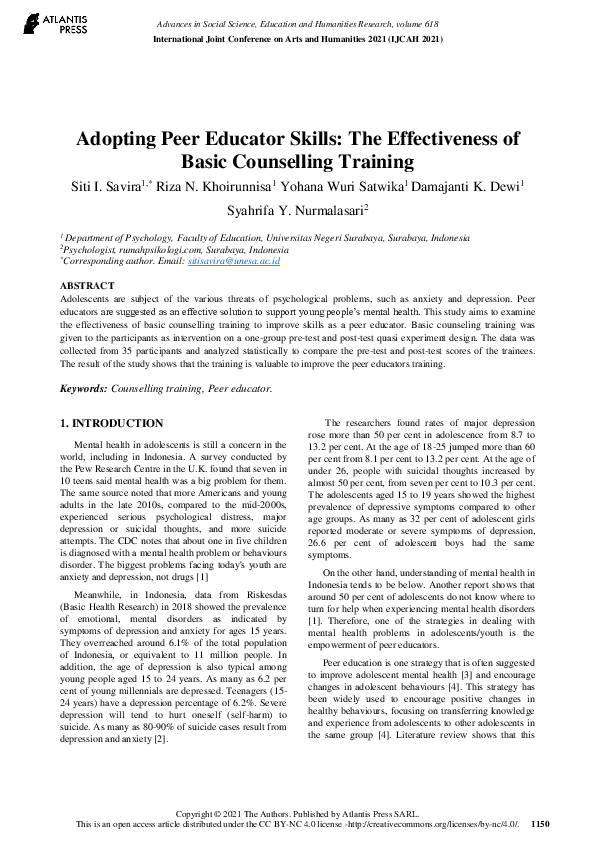 (PDF) Adopting Peer Educator Skills: The Effectiveness of Basic Counselling Training