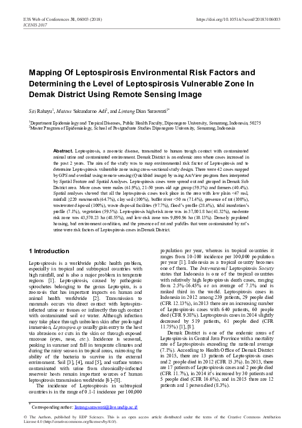 (PDF) Mapping Of Leptospirosis Environmental Risk Factors and Determining the Level of ...