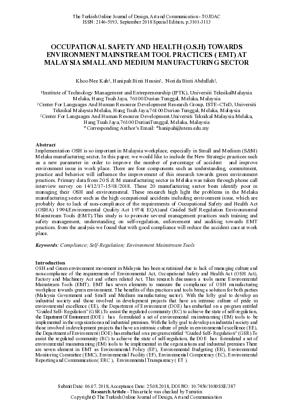 (PDF) OCCUPATIONAL SAFETY AND HEALTH (O.S.H) TOWARDS ENVIRONMENT MAINSTREAM TOOL PRACTICES ( EMT ...