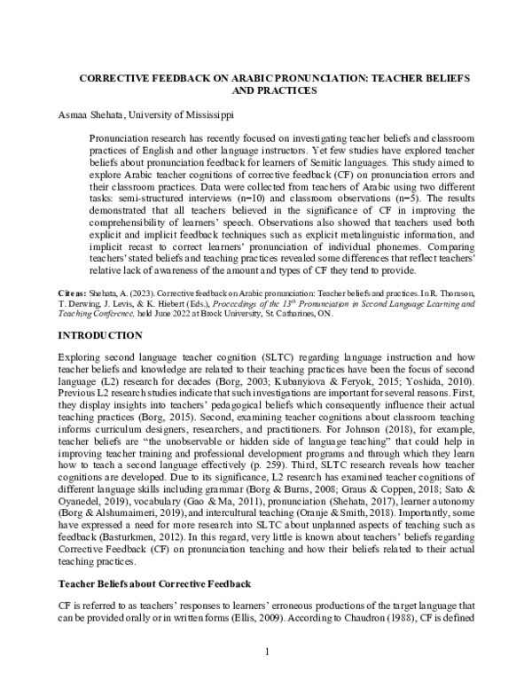 (PDF) Corrective Feedback on Arabic Pronunciation: Teacher Beliefs and ...