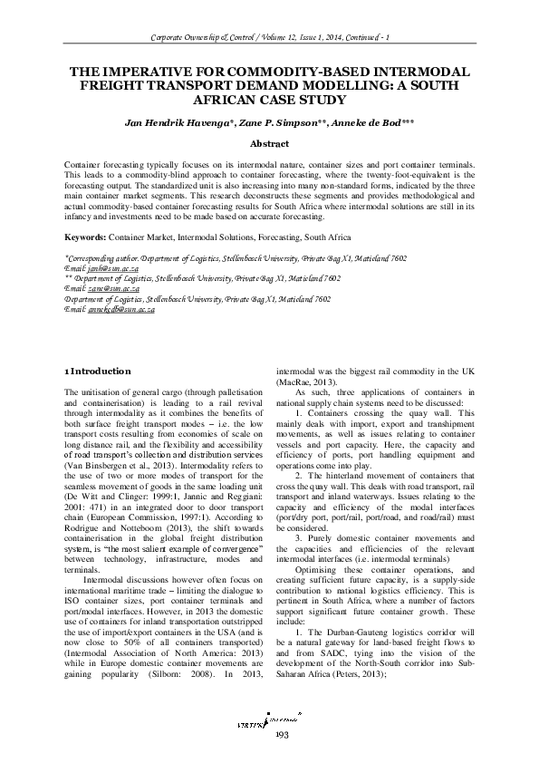 (PDF) The Imperative for Commodity-Based Intermodal Freight Transport Demand Modelling: A South ...
