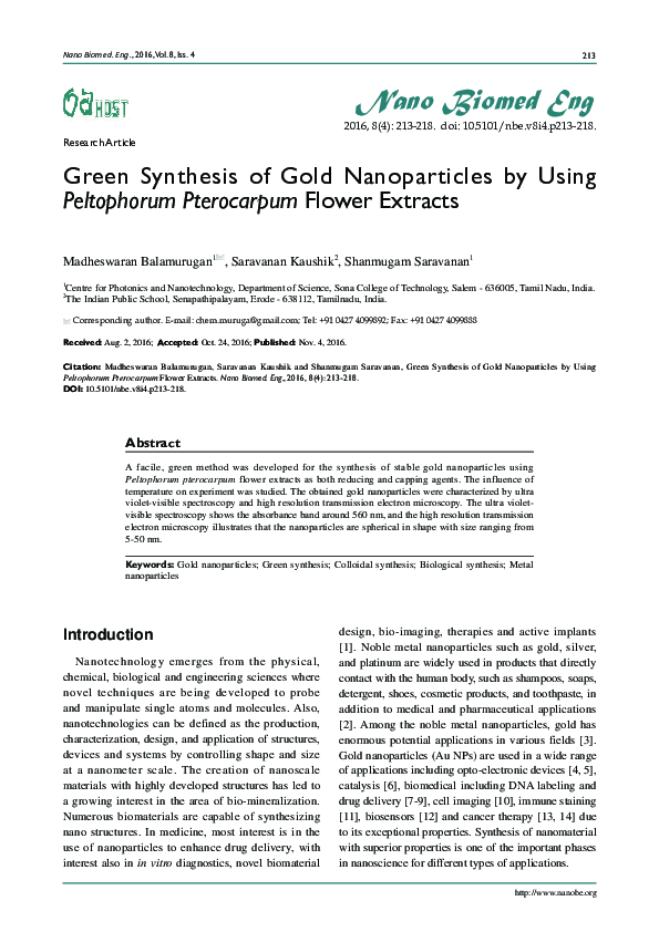 (PDF) Green Synthesis of Gold Nanoparticles by Using Peltophorum Pterocarpum Flower Extracts ...