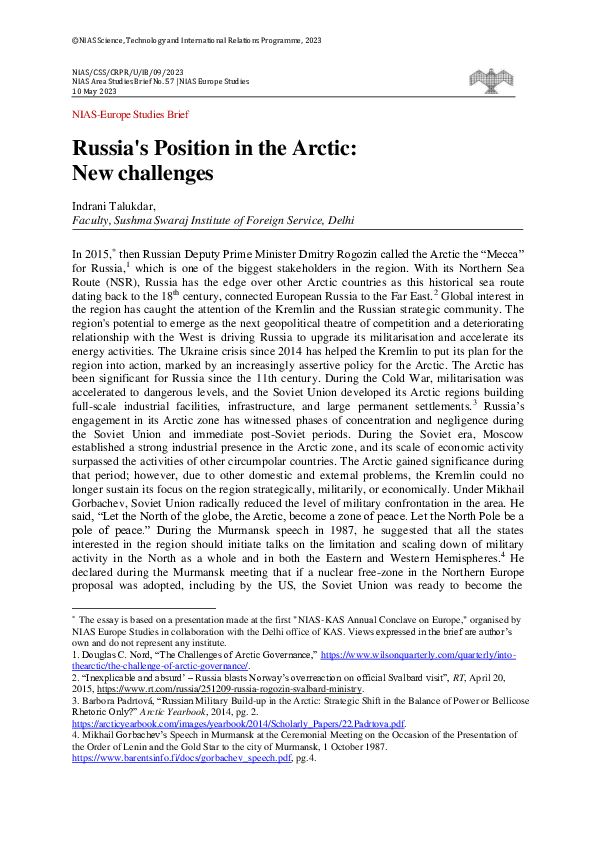 (PDF) Russia's Position in the Arctic: New challenges