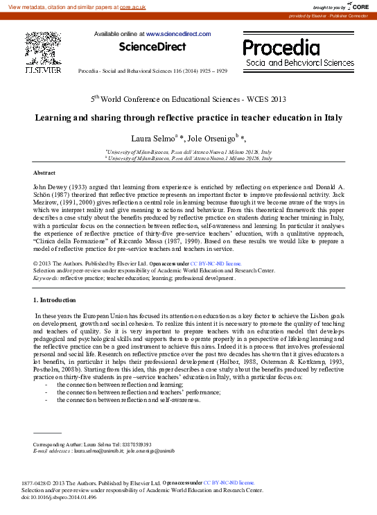(PDF) Learning and Sharing through Reflective Practice in Teacher Education in Italy
