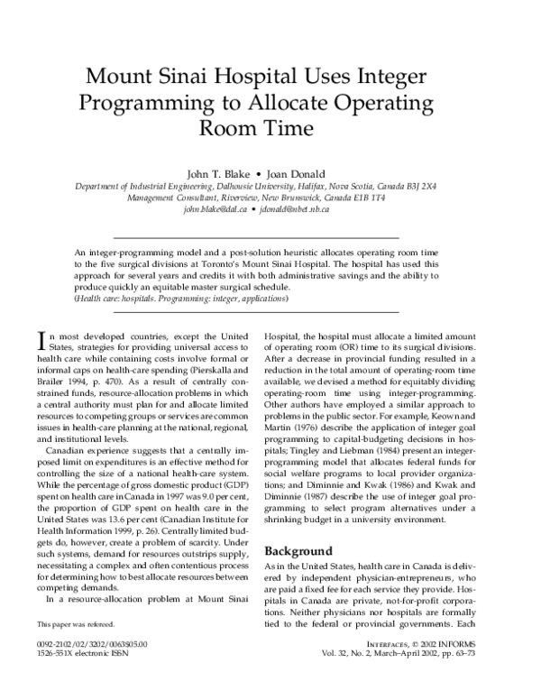 (PDF) Mount Sinai Hospital Uses Integer Programming to Allocate ...