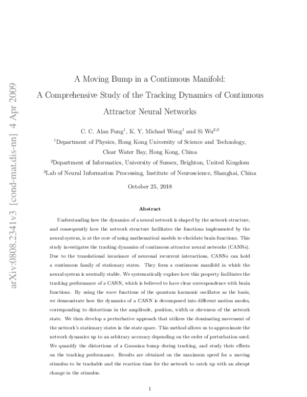 (PDF) A Moving Bump in a Continuous Manifold: A Comprehensive Study of the Tracking Dynamics of ...