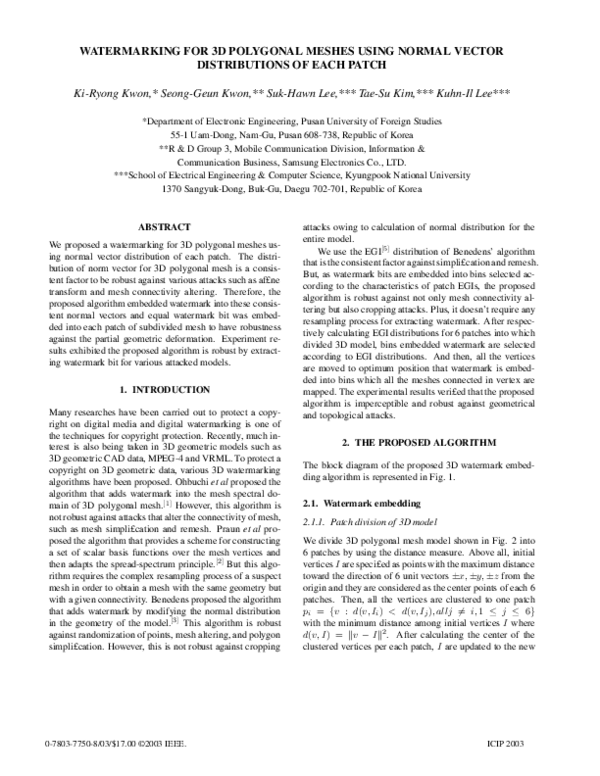 (PDF) Watermarking for 3D polygonal meshes using normal vector ...
