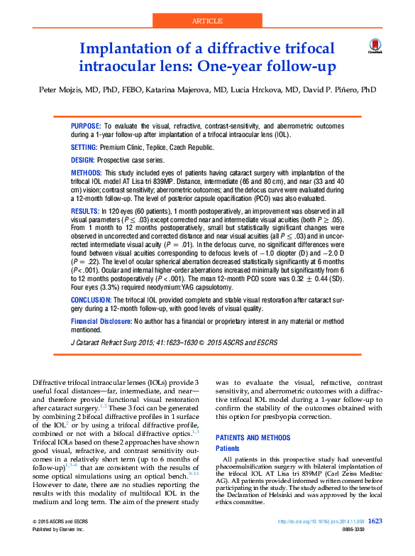 (PDF) Implantation of a diffractive trifocal intraocular lens: One-year ...