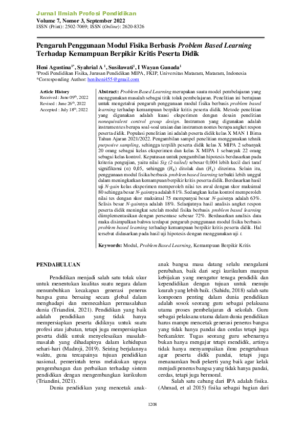 (PDF) Pengaruh Penggunaan Modul Fisika Berbasis Problem Based Learning Terhadap Kemampuan ...
