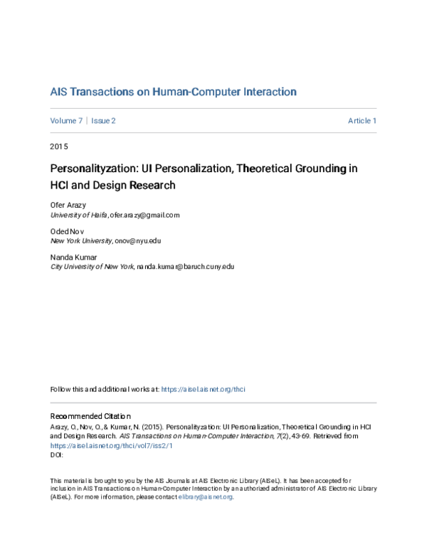 (PDF) Personalityzation: UI Personalization, Theoretical Grounding in HCI and Design Research
