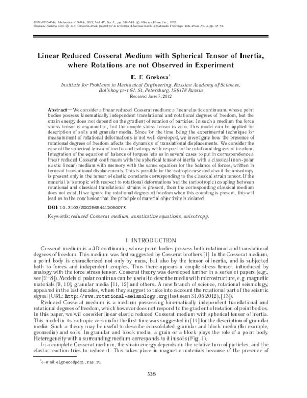 (PDF) Linear reduced cosserat medium with spherical tensor of inertia ...