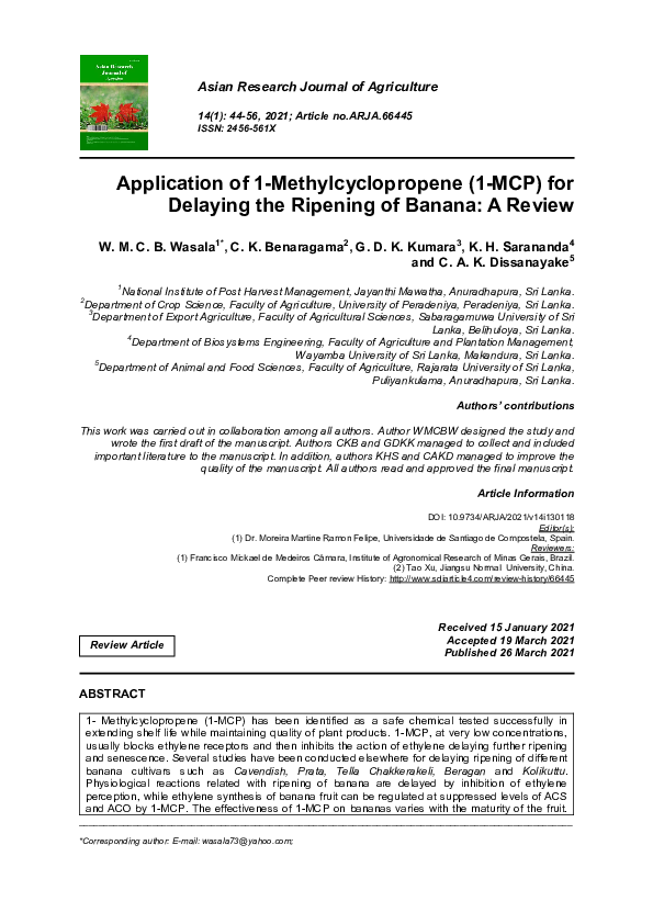 (PDF) Application of 1-Methylcyclopropene (1-MCP) for Delaying the Ripening of Banana: A Review