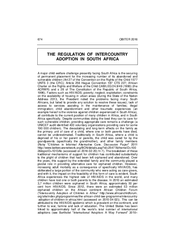 (PDF) The Regulation of Intercountry Adoption in South Africa