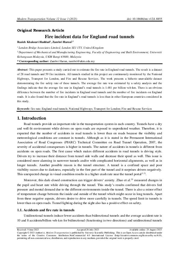 Pdf Fire Incident Data For England Road Tunnels 1524