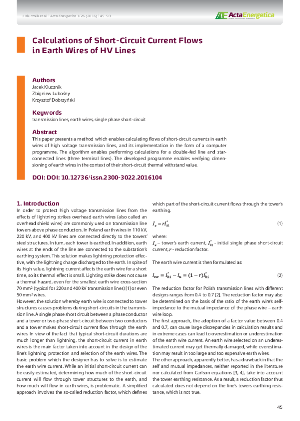 (PDF) Calculations of Short-Circuit Current Flows in Earth Wires of HV ...