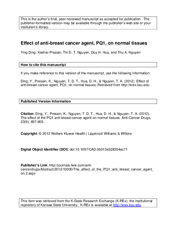 (PDF) The effect of the PQ1 anti-breast cancer agent on normal tissues