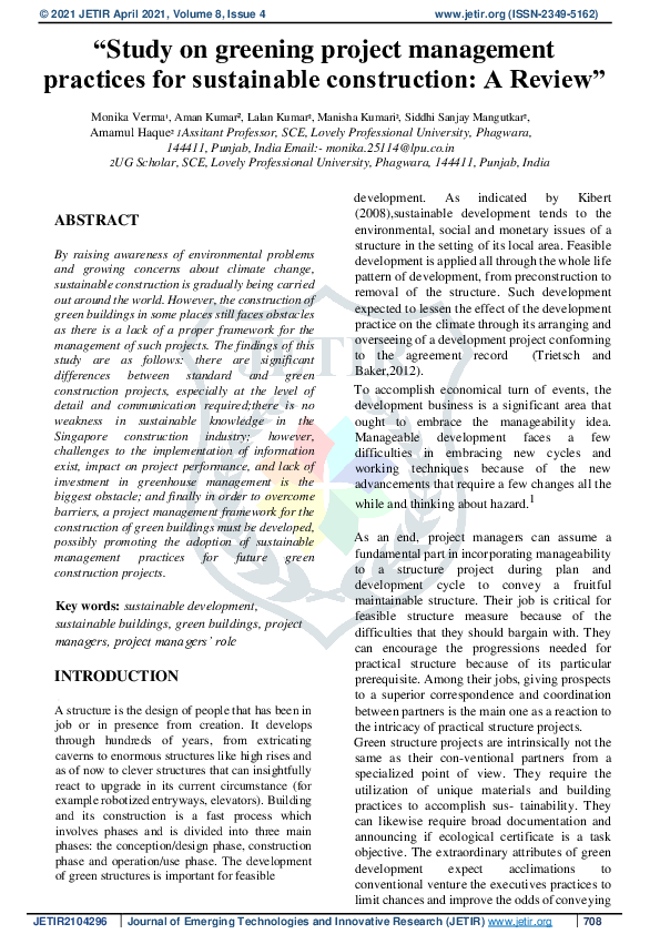 (PDF) "Study on greening project management practices for sustainable construction: A Review"