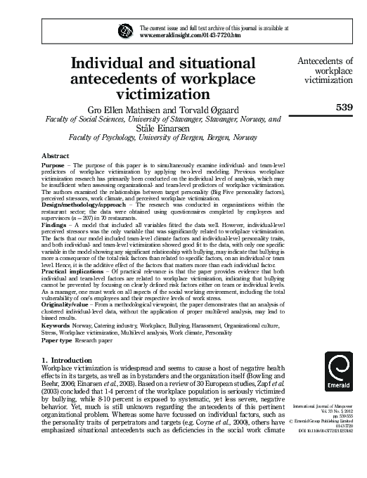 (PDF) Individual and situational antecedents of workplace victimization