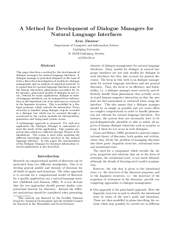 (PDF) A method for development of dialogue managers for natural language interfaces