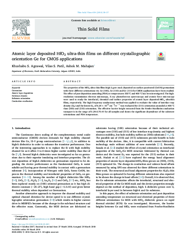 (PDF) Atomic layer deposited HfO2 ultra-thin films on different crystallographic orientation Ge ...