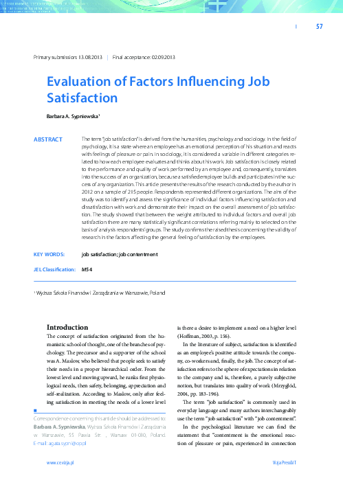(PDF) Evaluation of Factors Influencing Job Satisfaction