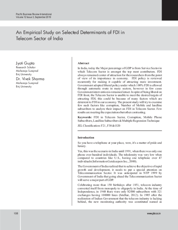 (PDF) An Empirical Study on Selected Determinants of FDI in Telecom ...