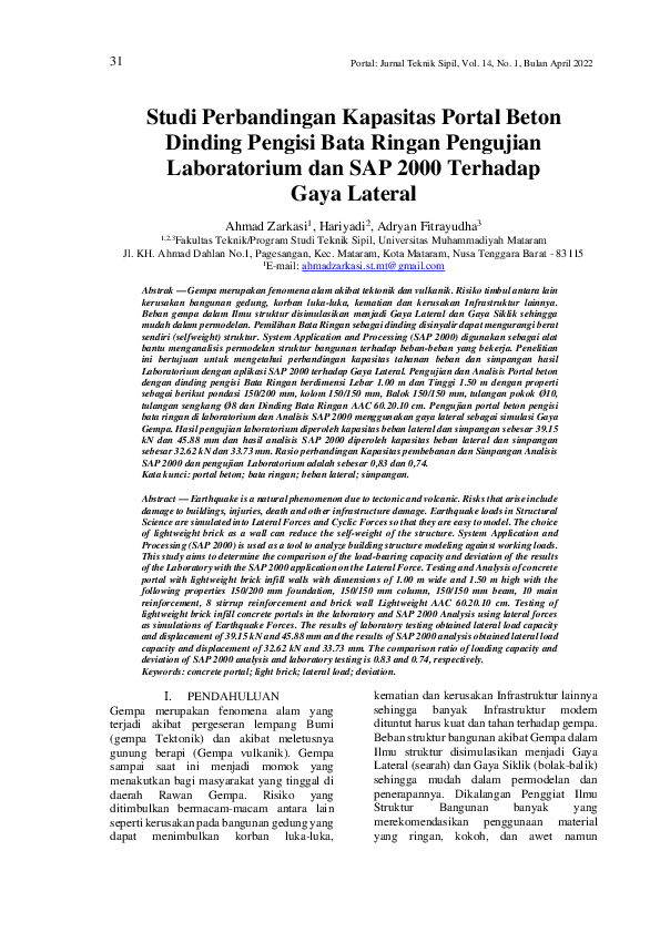 (PDF) Studi Perbandingan Kapasitas Portal Beton Dinding Pengisi Bata ...