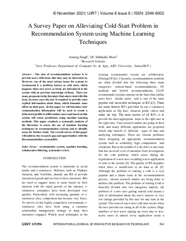 Pdf A Survey Paper On Alleviating Cold Start Problem In Recommendation System Using Machine