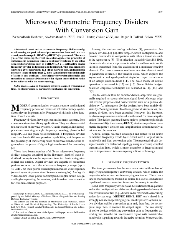 (PDF) Microwave Parametric Frequency Dividers With Conversion Gain