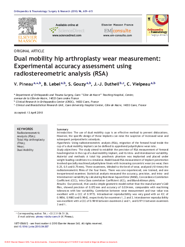 (PDF) Dual mobility hip arthroplasty wear measurement: Experimental ...
