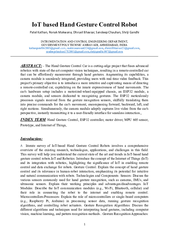 (DOC) IoT based Hand Gesture Control Robot