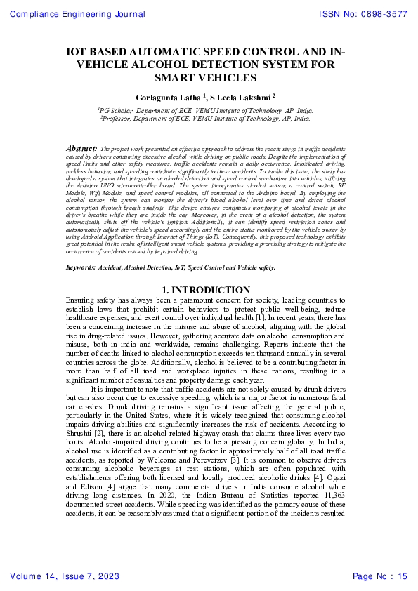 (PDF) IOT BASED AUTOMATIC SPEED CONTROL AND IN-VEHICLE ALCOHOL DETECTION SYSTEM FOR SMART VEHICLES