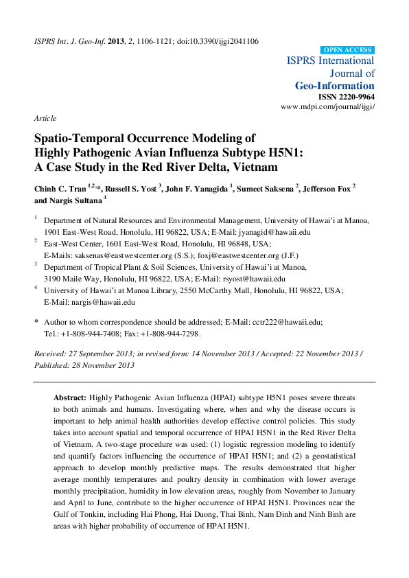 (PDF) Spatio-Temporal Occurrence Modeling of Highly Pathogenic Avian Influenza Subtype H5N1: A ...