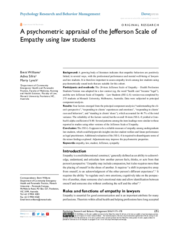(PDF) A psychometric appraisal of the Jefferson Scale of Empathy using law students