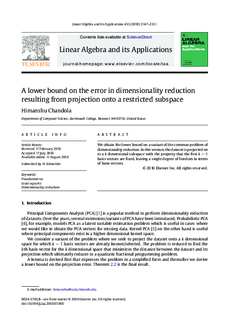 Pdf A Lower Bound On The Error In Dimensionality Reduction Resulting From Projection Onto A