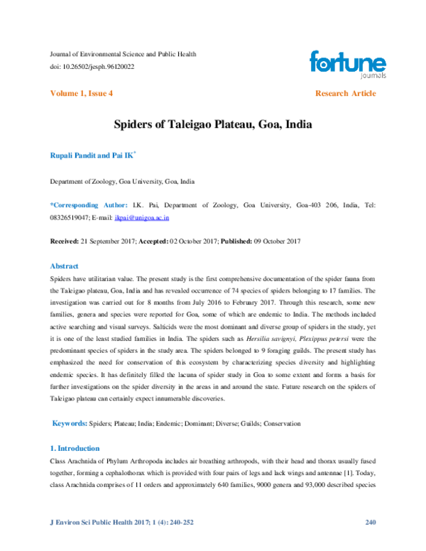 (PDF) Spiders of Taleigao Plateau, Goa, India | Rupali Pandit ...