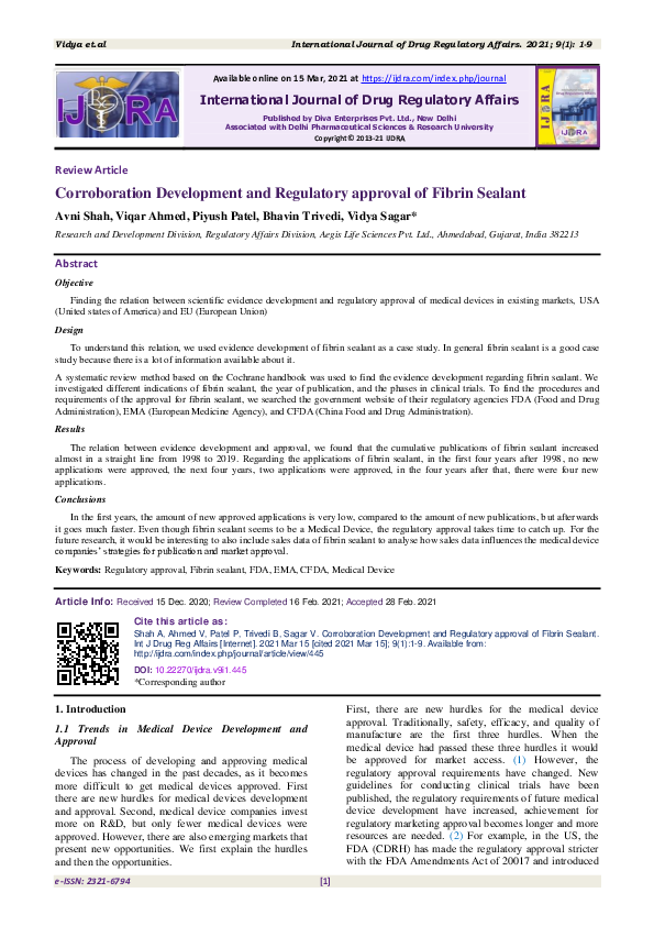 (PDF) Corroboration Development and Regulatory approval of Fibrin Sealant
