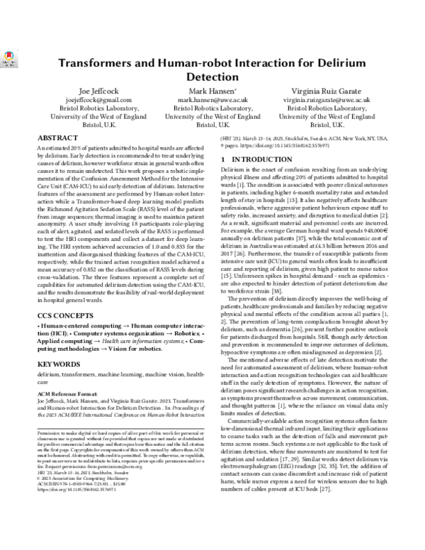 (PDF) Transformers and Human-robot Interaction for Delirium Detection