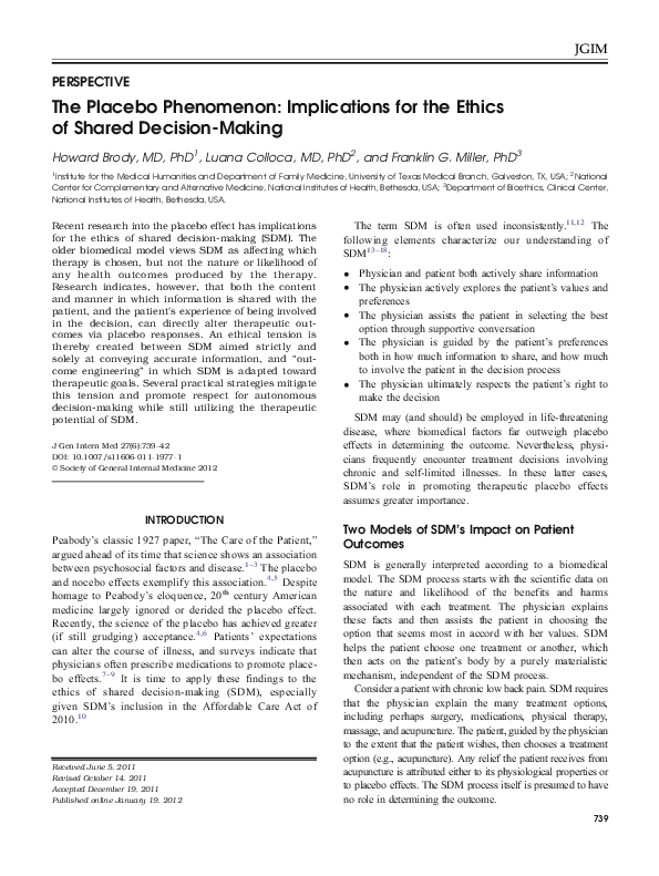 (PDF) The Placebo Phenomenon: Implications for the Ethics of Shared ...