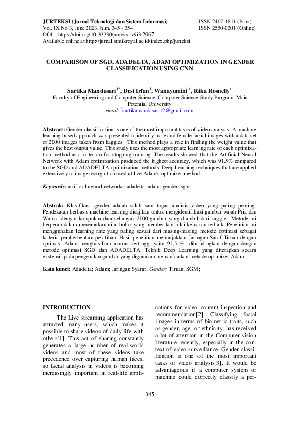(PDF) Comparison of SGD, Adadelta, Adam Optimization in Gender Classification Using CNN
